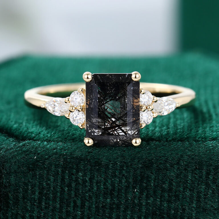 Emerald Cut Black Rutilated Quartz Engagement Ring - MollyJewelryUS