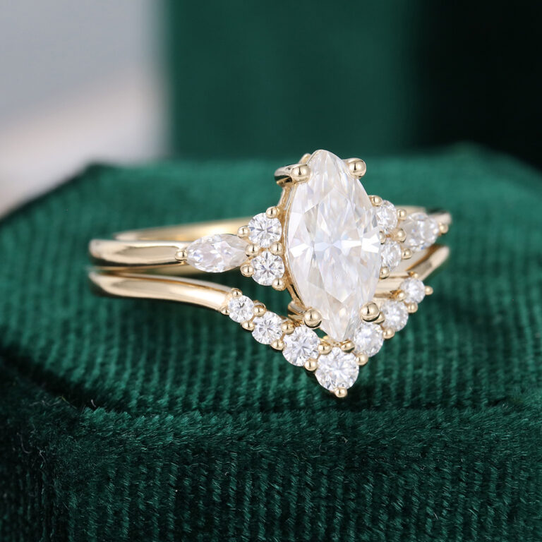 Marquise Cut Moissanite Engagement Ring Set – Vintage-Inspired Bridal ...