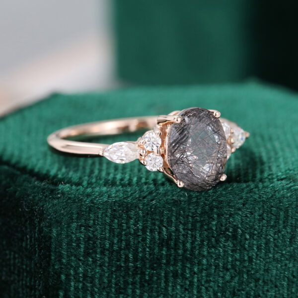 Black Rutilated Quartz With Moissanite Engagement Ring - MollyJewelryUS