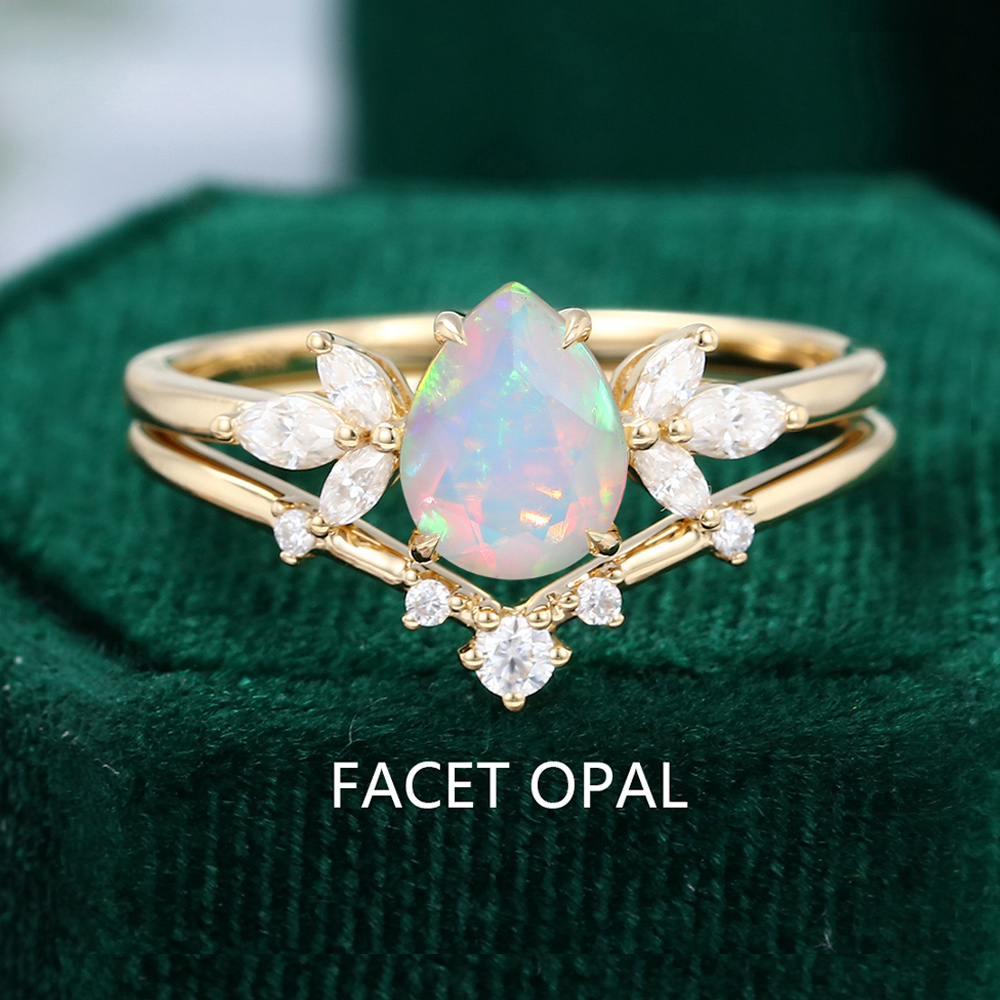 Pear Shaped Opal With Moissanite Cluster Wedding Ring Set - MollyJewelryUS