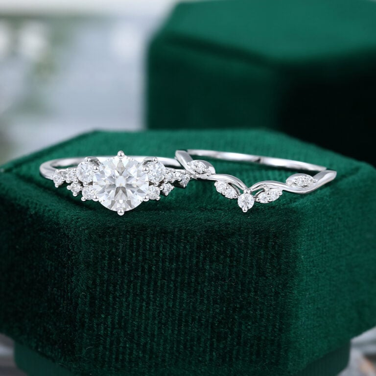 Snowdrift Moissanite Engagement Ring Set – Round Cut Cluster Bridal Set ...