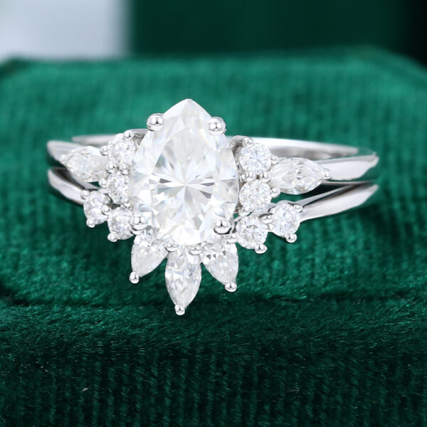 White Gold Pear shaped Moissanite Engagement ring Set - MollyJewelryUS
