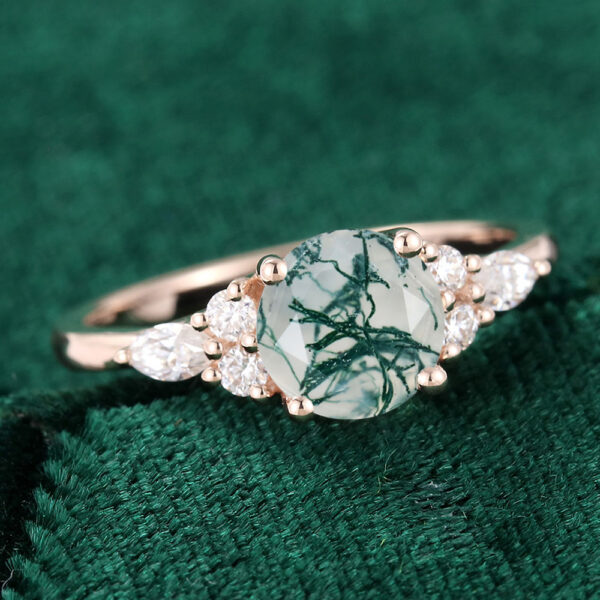 Round Cut Moss Agate Engagement Ring Moissanite Accent Promise Ring ...