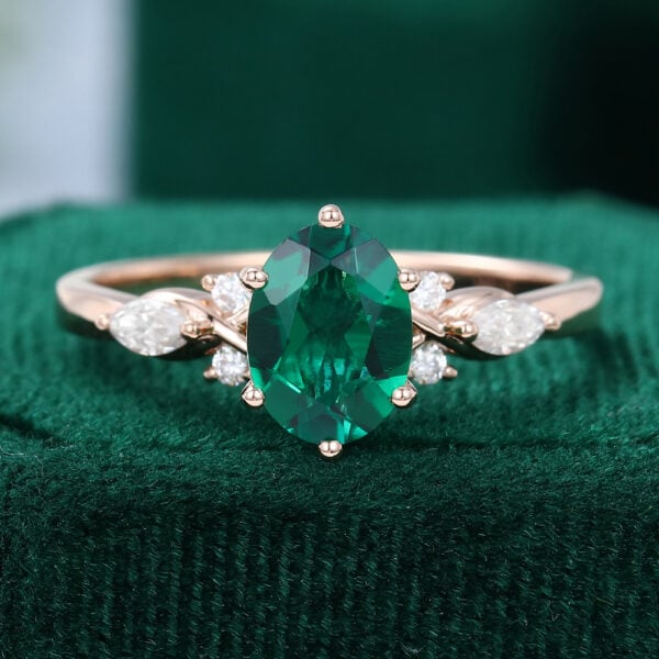 Oval Cut Lab Emerald Wedding Ring Rose Gold Unique Vintage Ring for Women