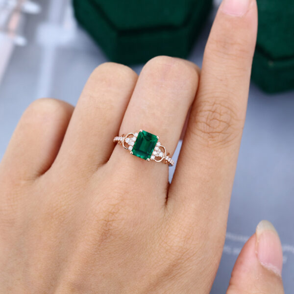 Unique Emerald Cut Lab Emerald Engagement Ring 14K Rose Gold ...