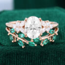 Oval Cut Moissanite Emerald Rose Gold Leaf Engagement Ring Set ...