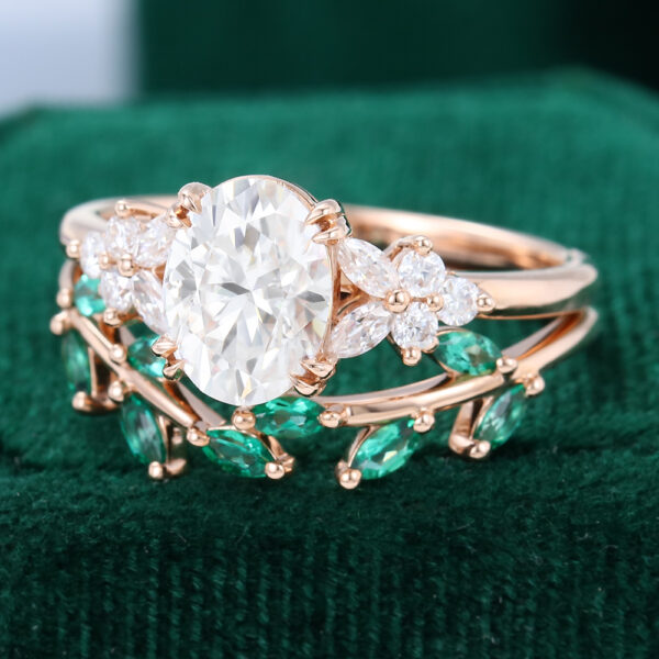 Oval Cut Moissanite Emerald Rose Gold Leaf Engagement Ring Set ...