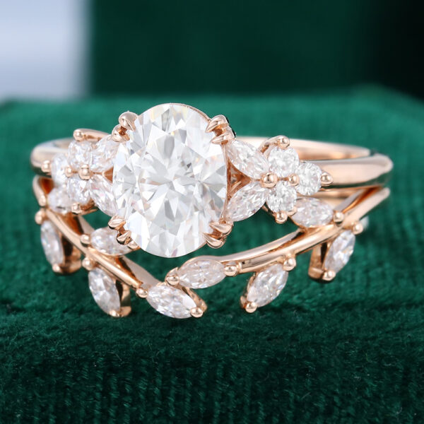 Oval Cut Moissanite Leaf Engagement Ring Set In 14K Rose Gold ...