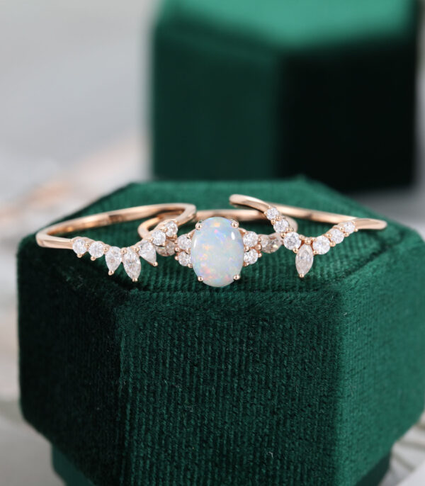14K Rose Gold 3PCS Oval Cut Opal and Diamond Engagement Ring Set - MollyJewelryUS