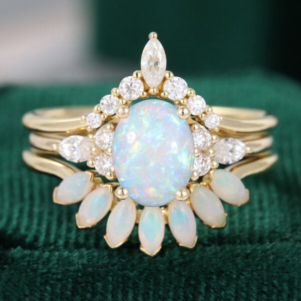 3PCS Oval Cut Opal with Moissanite Accents Cluster Engagement Ring Set - MollyJewelryUS