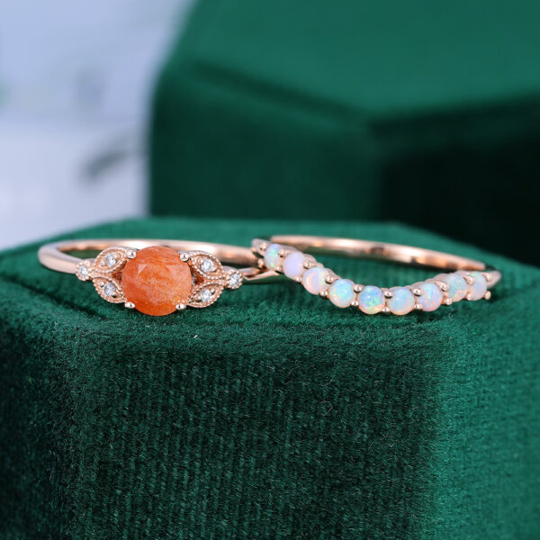 Rose Gold Round Cut Sunstone and Diamond Engagement Ring Set ...