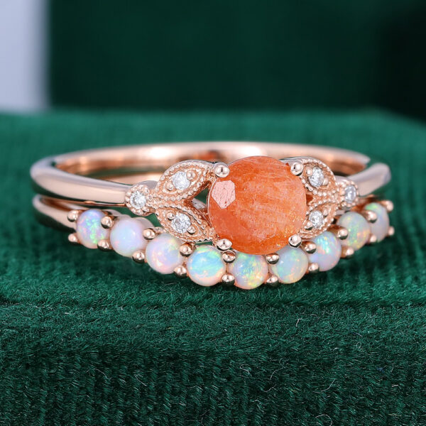 Rose Gold Round Cut Sunstone and Diamond Engagement Ring Set ...