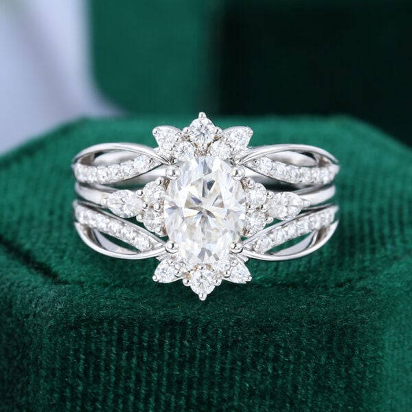 Oval Cut Moissanite Engagement Ring Set Art Deco Crown Design Bridal Set - MollyJewelryUS