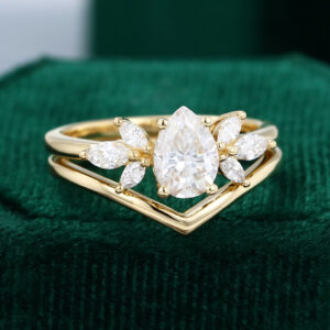 Pear Shaped Moissanite Cluster Engagement Ring with Plain Curved Wedding Band Bridal Set ...