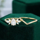 Pear Shaped Moissanite Cluster Engagement Ring with Plain Curved Wedding Band Bridal Set ...
