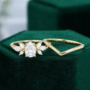Pear Shaped Moissanite Cluster Engagement Ring with Plain Curved Wedding Band Bridal Set ...