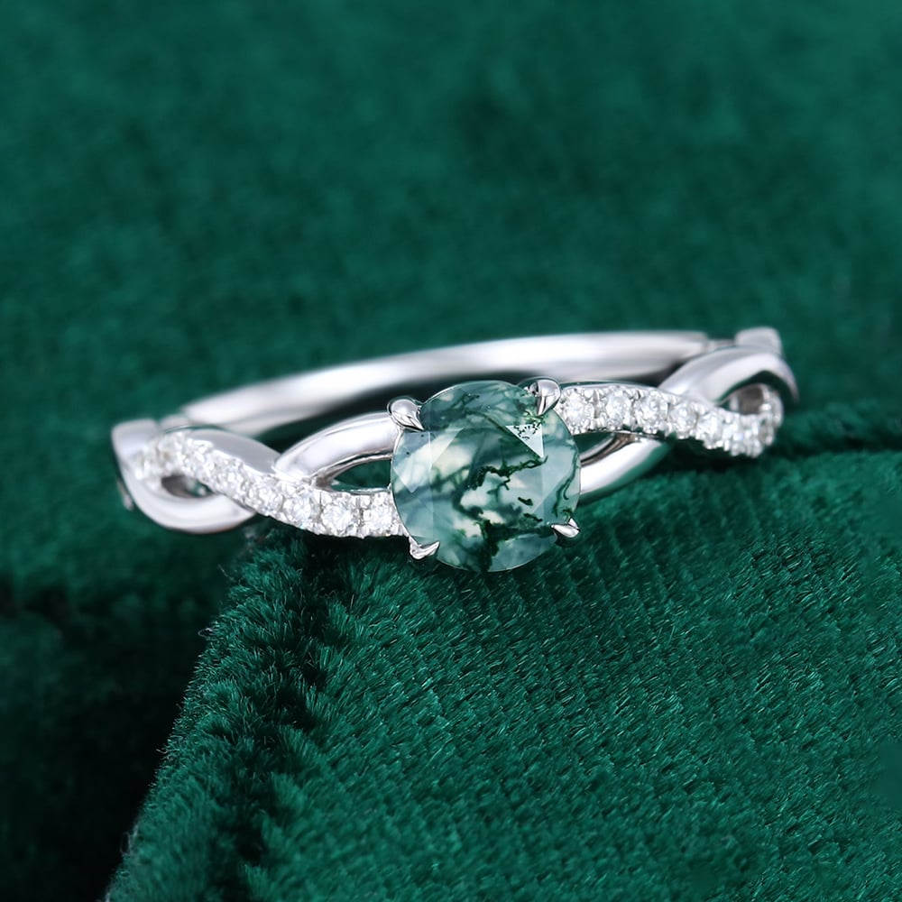 Round Cut Moss Agate Promise Ring Crossover Shank Engagement Ring ...