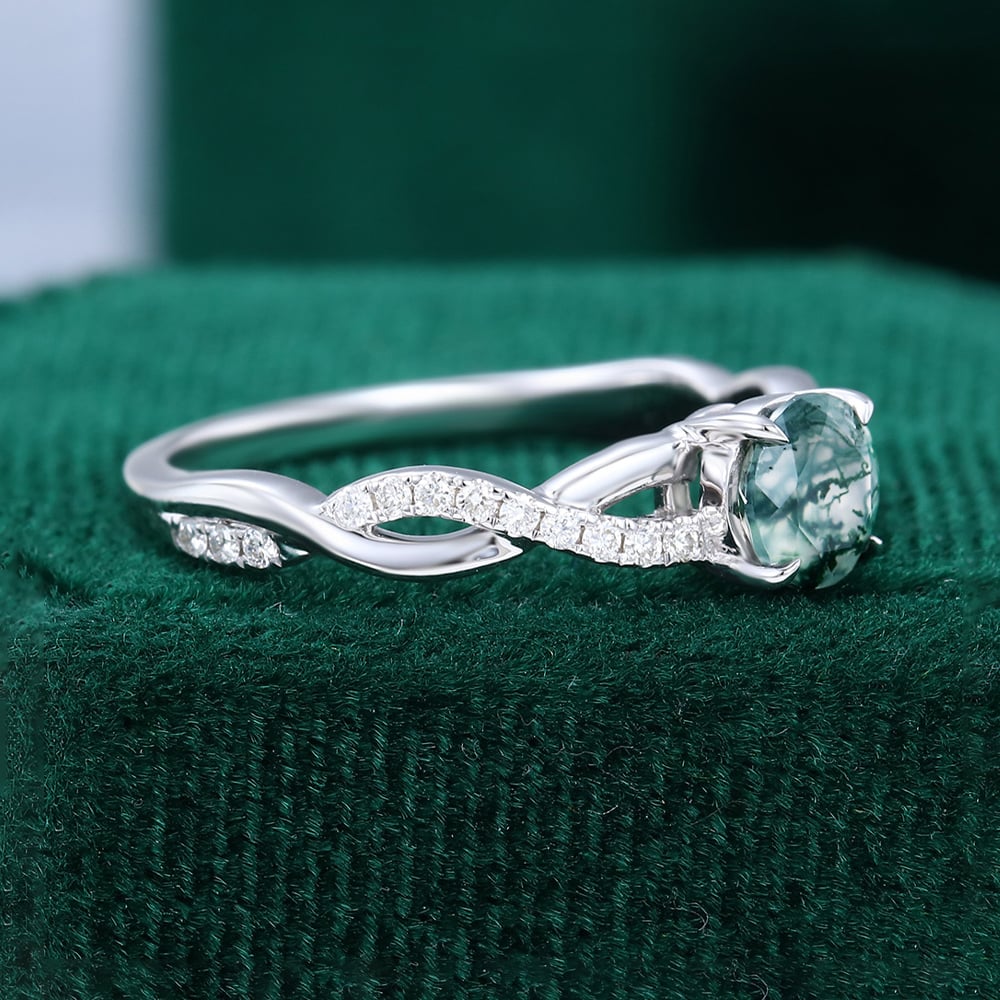 Round Cut Moss Agate Promise Ring Crossover Shank Engagement Ring ...