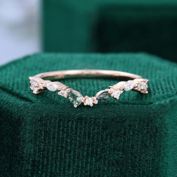 Patchwork Moss Agate & Moissanite Curved Wedding Band Stacking Ring - MollyJewelryUS