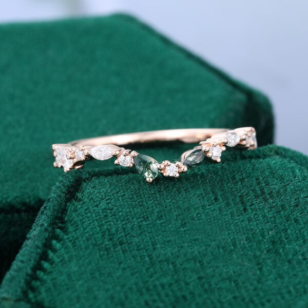 Patchwork Moss Agate & Moissanite Curved Wedding Band Stacking Ring - MollyJewelryUS