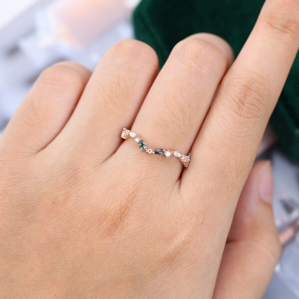 Patchwork Moss Agate & Moissanite Curved Wedding Band Stacking Ring | MollyJewelryUS
