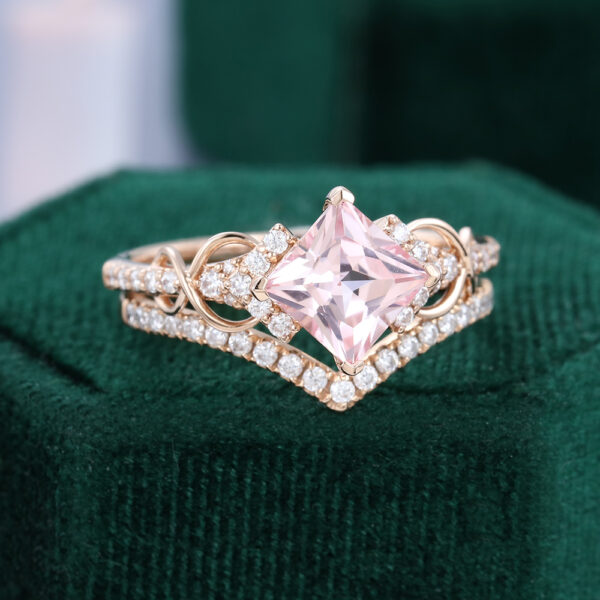 Princess Cut Pink Morganite Engagement Ring Infinity Bridal Ring Sets ...