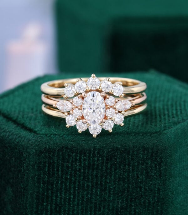 Oval Cut Moissanite Bridal Ring Set Double Bands Engagement Ring - MollyJewelryUS