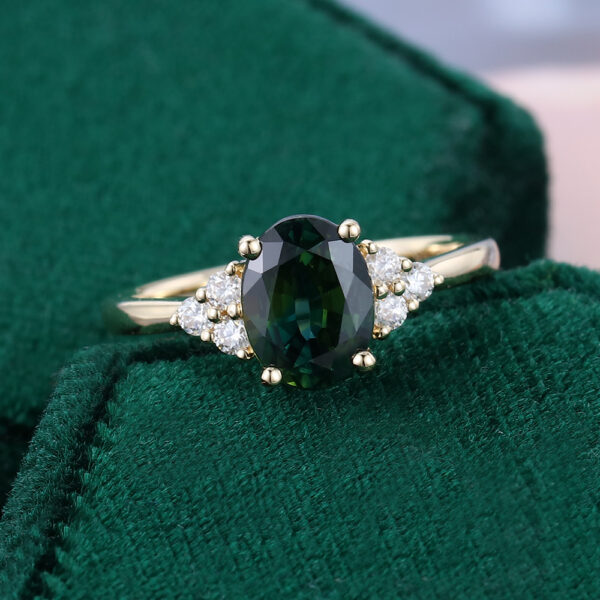 Oval Cut Green Blue Sapphire Cluster Engagement Ring - MollyJewelryUS