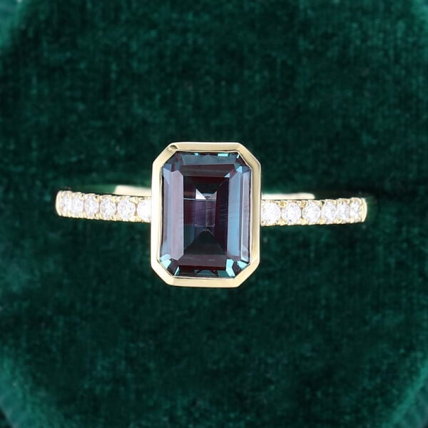 Emerald Cut Lab Alexandrite Pavé Engagement Ring Bezel Set Wedding Ring ...