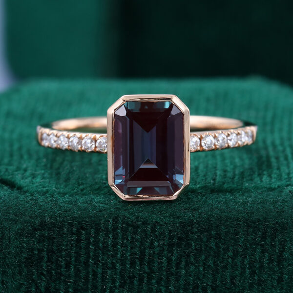 Emerald Cut Lab Alexandrite Pavé Engagement Ring Bezel Set Wedding Ring ...
