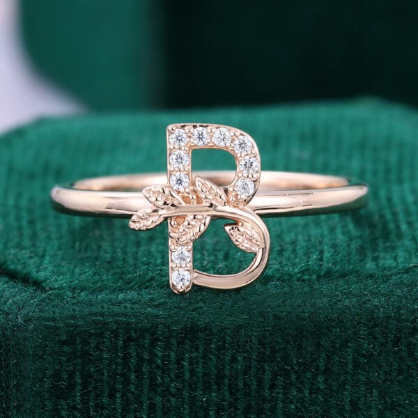 Foliage Signature - Nature Inspired Letter B Initial Ring - MollyJewelryUS
