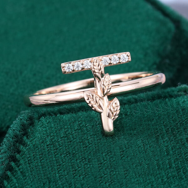 Foliage Signature - Nature Inspired Letter T Initial Ring - MollyJewelryUS