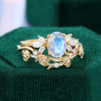 Oval Cut Moonstone Engagement Ring Set Nature Inspired Roses With Twigs Bridal Set - MollyJewelryUS