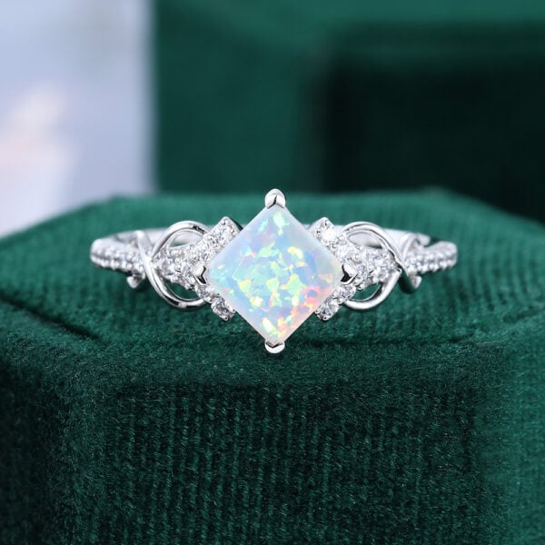 Princess Cut Lab Opal Wedding Ring Infinity Design Pavé Promise Ring ...
