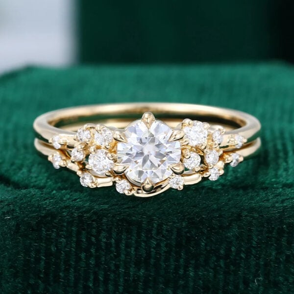Round Cut Moissanite Matching Ring Set Art Deco Bridal Ring Set ...