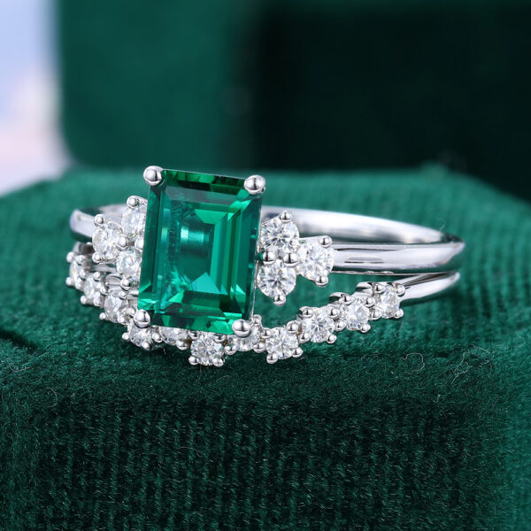 Art Deco Emerald Cut Lab Emerald Wedding Ring Set Moissanite Accented ...