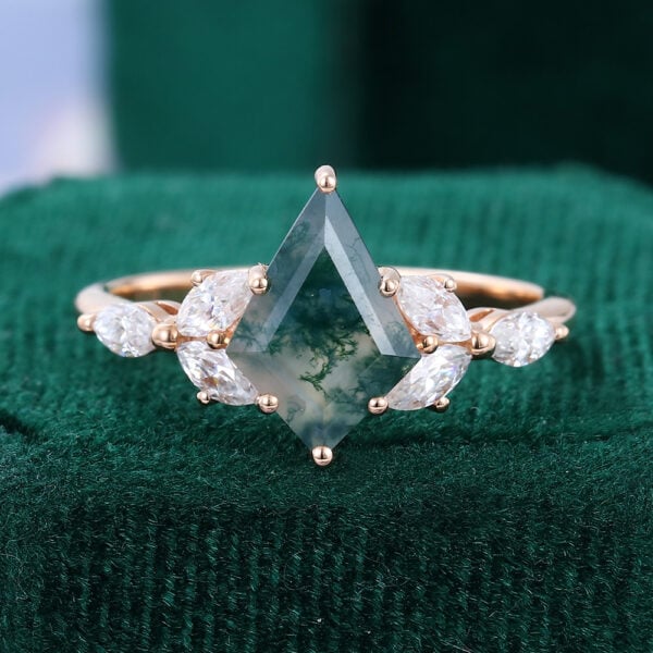Kite Cut Moss Agate Engagement Ring with Whale Tail Side Stone ...