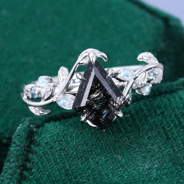 Kite Cut Black Quartz Rutilated Engagement Ring Leaf Design Ring ...
