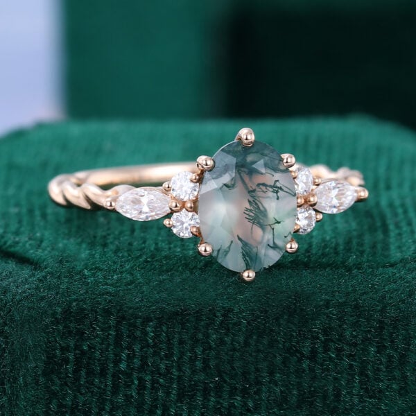 Oval Cut Moss Agate Engagement Ring Twisted Band Moissanite Cluster ...