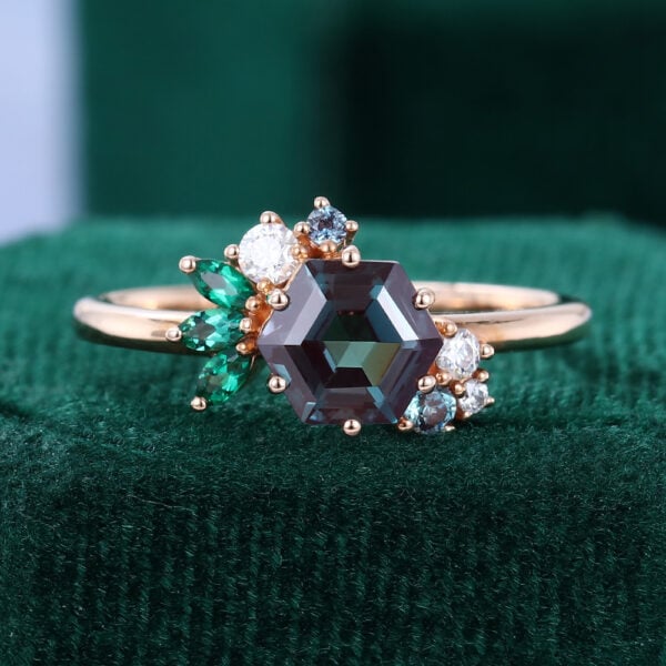 Hexagon Cut Lab Alexandrite Gemstone Cluster Engagement Ring ...