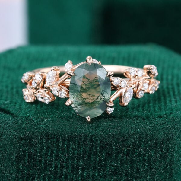 TwigGlow Oval Cut Moss Agate Nature Themed Engagement Ring - MollyJewelryUS
