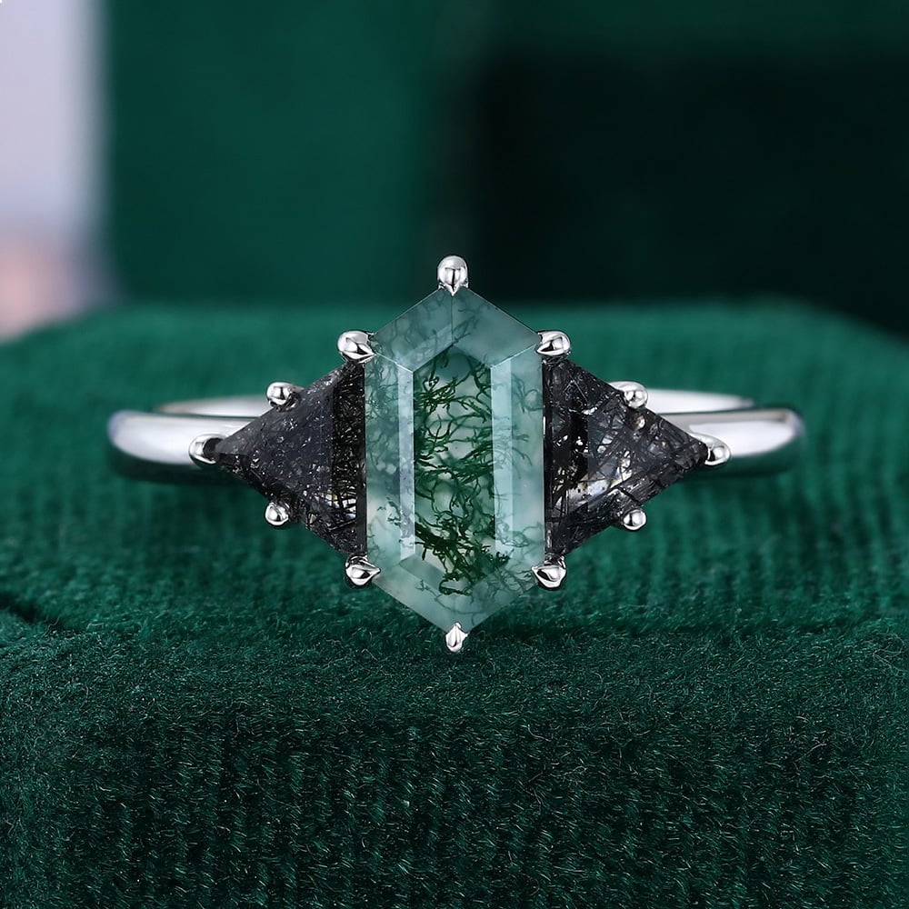 Moss Agate & Black Rutilated Quartz Three Stone Ring | MollyJewelryUS