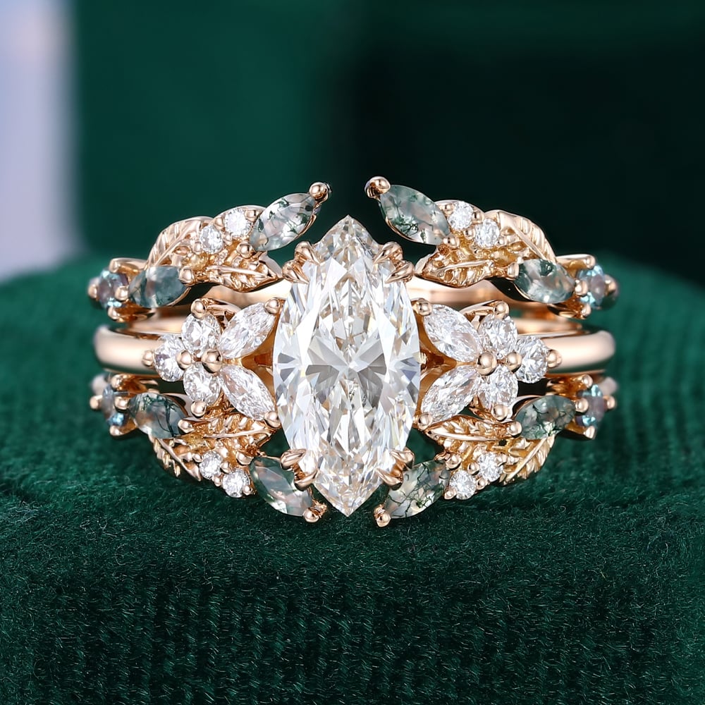 Marquise Cut Lab Diamond Cluster Bridal Ring Set with Leaf Enhancer ...